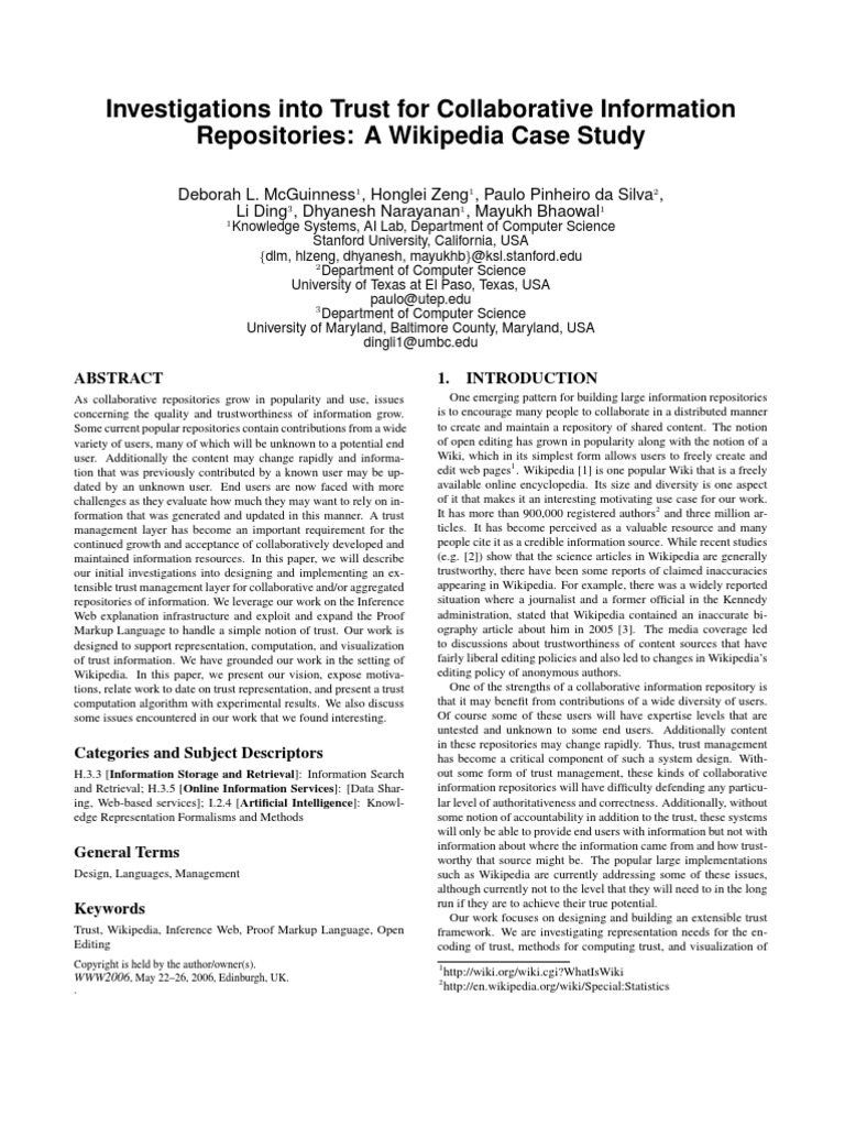 Investigations Into Trust For Collaborative Information Repositories: A ...