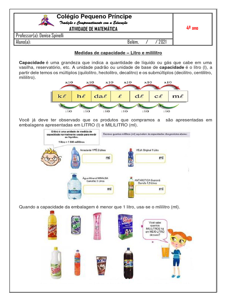 4Âº Ano - Atividade de MatemÃ¡tica - Medidas de Capacidade | PDF | Litro | Líquidos