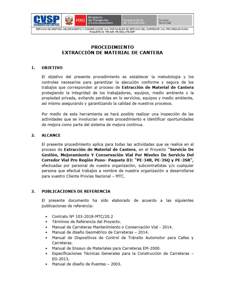 3.0 Procedimiento Extracción de Material de Cantera | PDF | Calidad (comercial) | Evaluación de ...