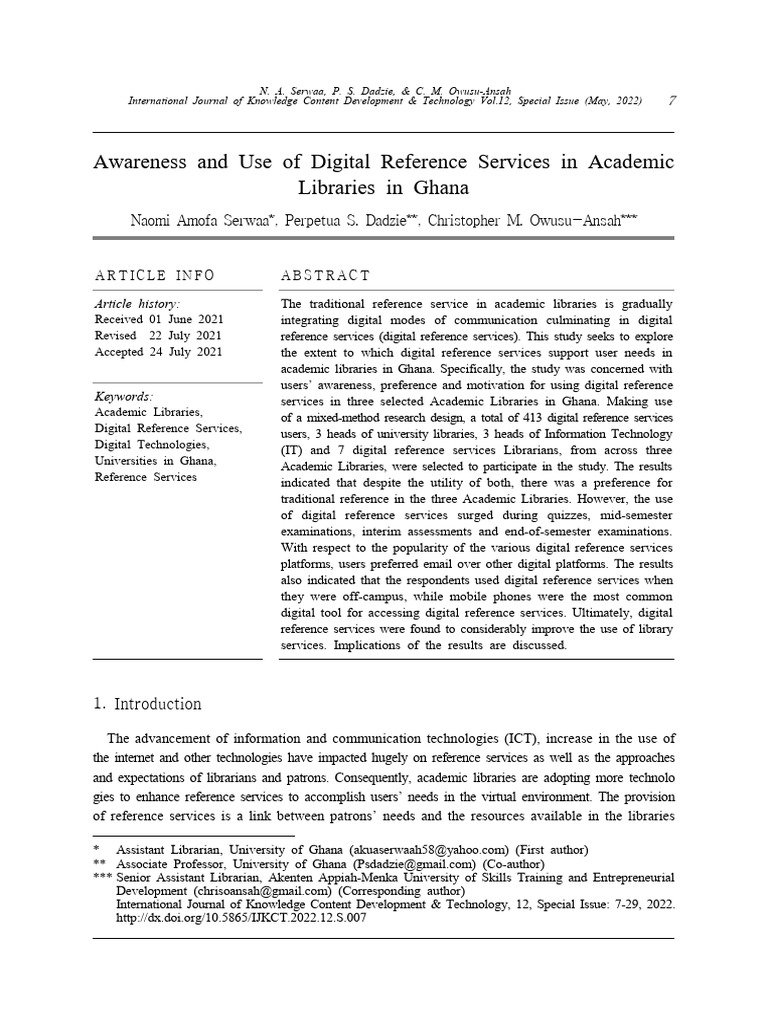 Awareness and Use of Digital Reference Services in Academic Libraries ...