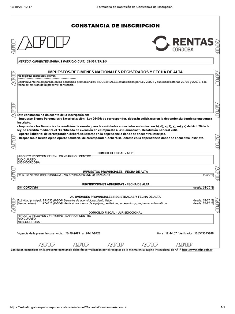 Constancia de Inscripción AFIP 2023 | PDF | Impuestos | Gobierno