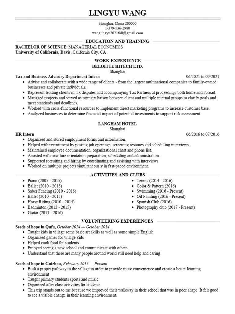Tiffany Wang Resume 1 | PDF | Employment | Economies