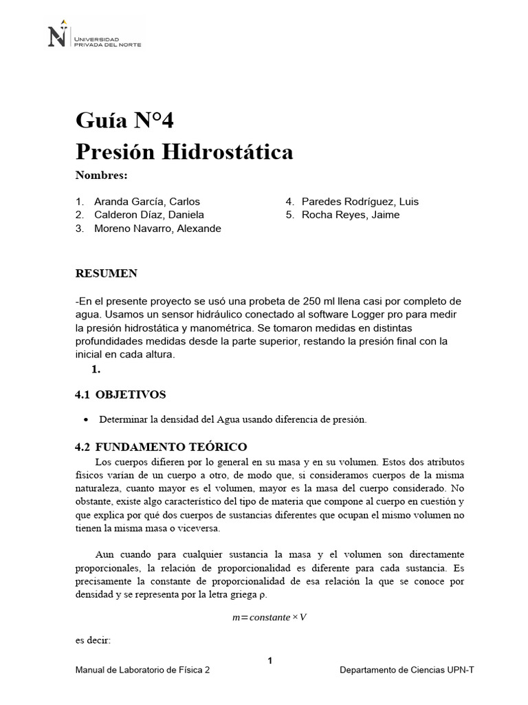 Guía de Presión Hidrostática | PDF | Masa | Densidad
