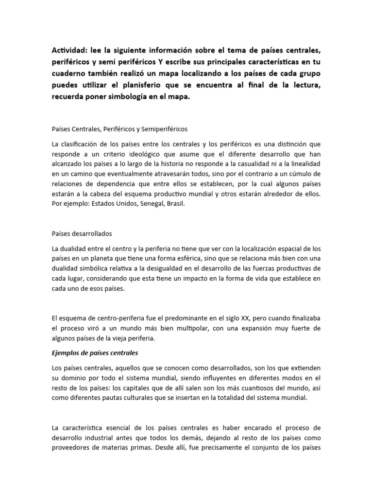 Clasificación de Países: Centrales, Periféricos y Semiperiféricos | PDF ...