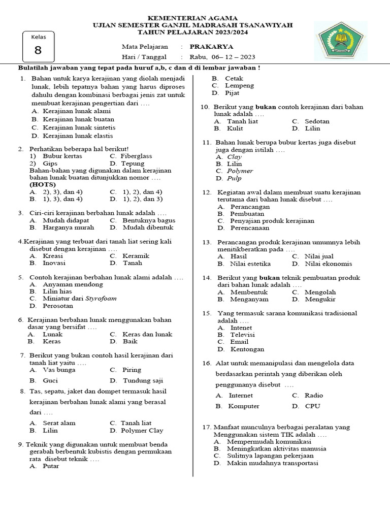 Soal Ujian Semester Ganjil 2023 2024 Prakarya Kelas 8 | PDF