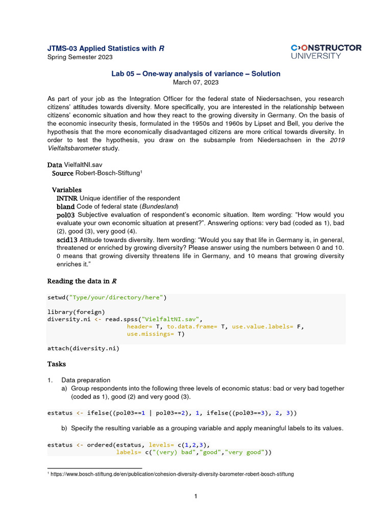 CU ASwR Lab05 Solution | PDF | Analysis Of Variance | Statistics CU ASwR Lab05 Solution | PDF | Analysis Of Variance | Statistics