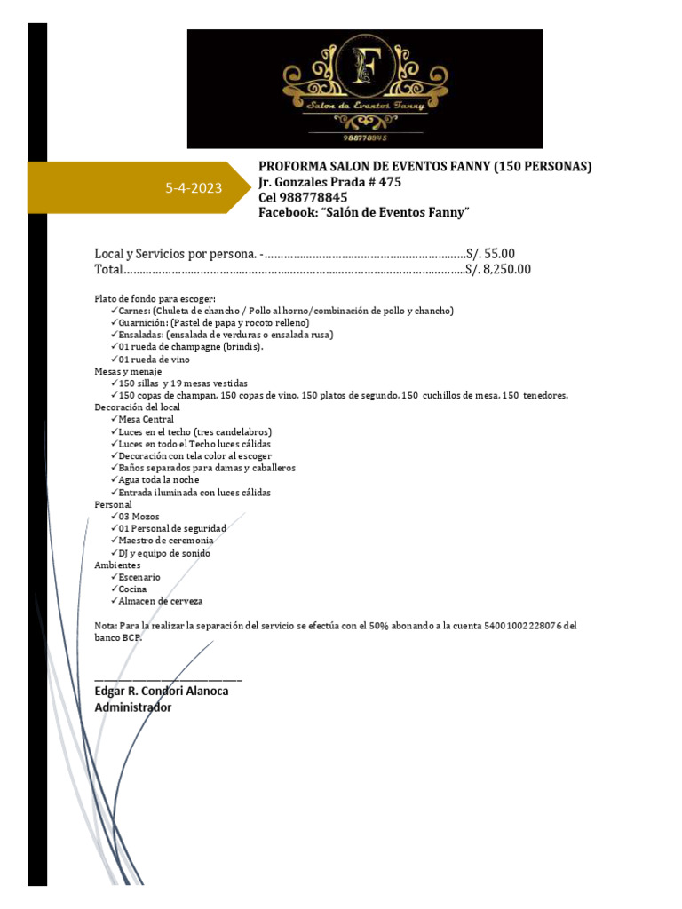 Proforma Local de Eventos Fanny 150 | PDF