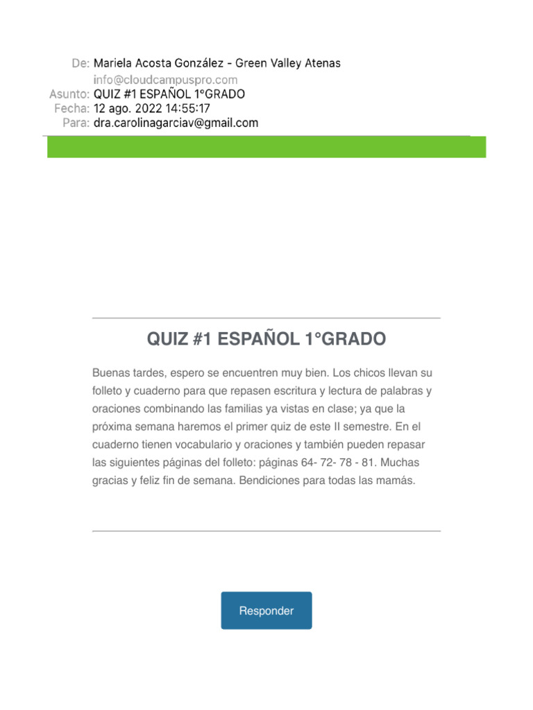 Quiz #1 Español 1°grado | PDF