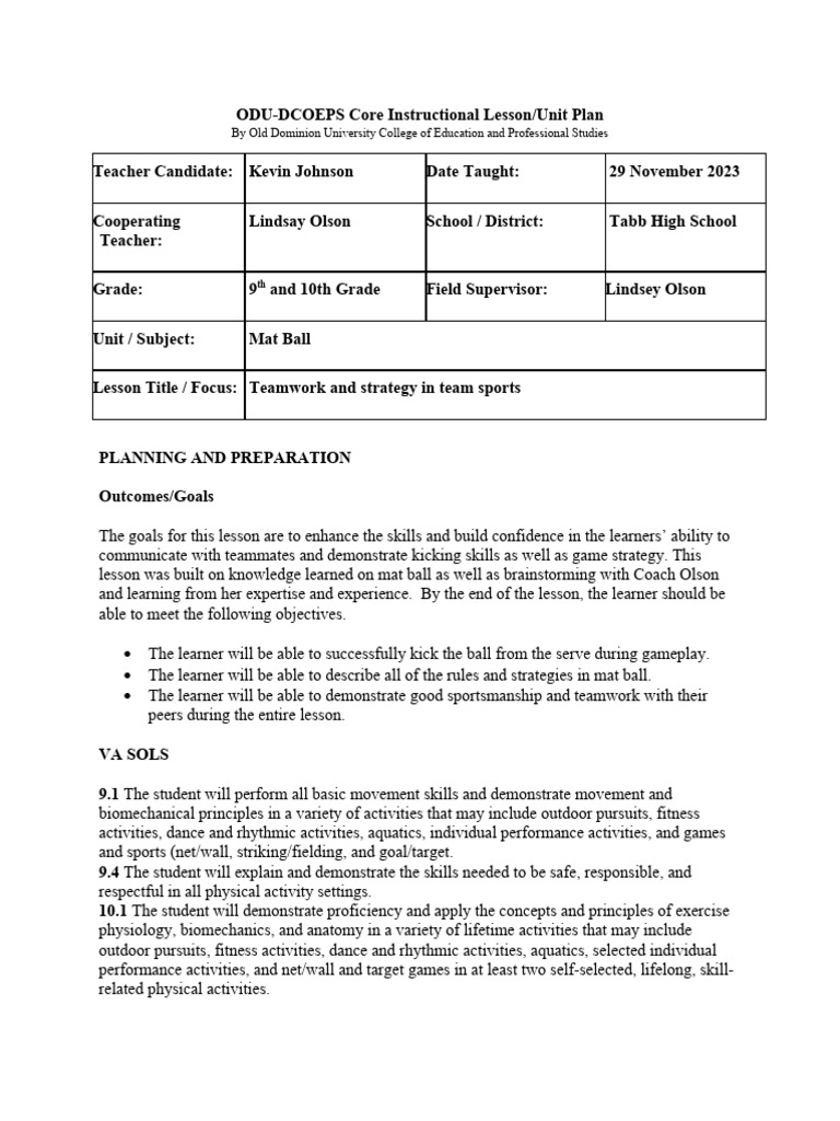 Mat Ball Lesson Plan by Kevin Johnson | PDF | Learning | Lesson Plan