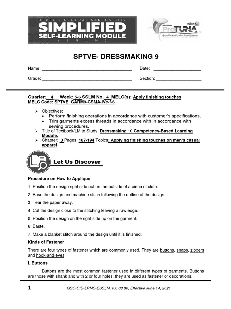 Q4 Dressmaking 9 W 5 6 | PDF | Seam (Sewing) | Sewing