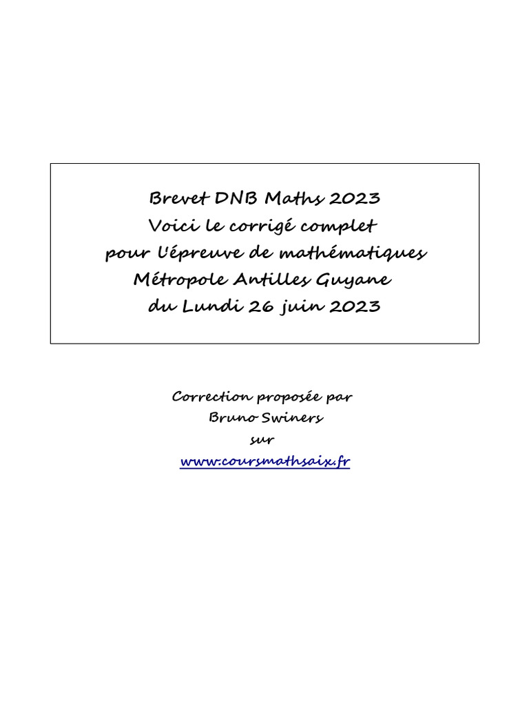 Corrigé Brevet Maths 2023 | PDF | Géométrie | Formes géométriques