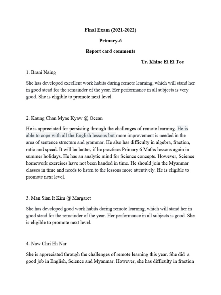 P 6, Report Card Comments, Final Exam, 2021-22 | PDF | Science ...