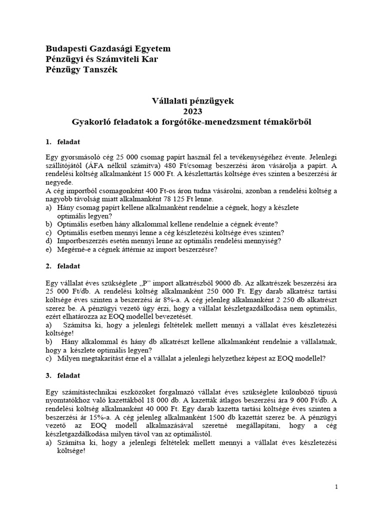 Váll. Pü. - Bemutató Feladatok 2023 - Féléves 2 | PDF