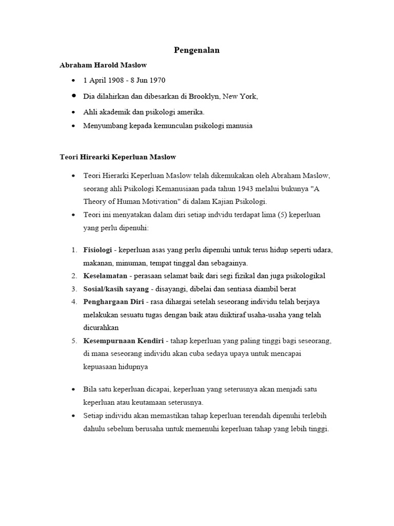 Pengenalan Teori Hierarki Keperluan Maslow | PDF