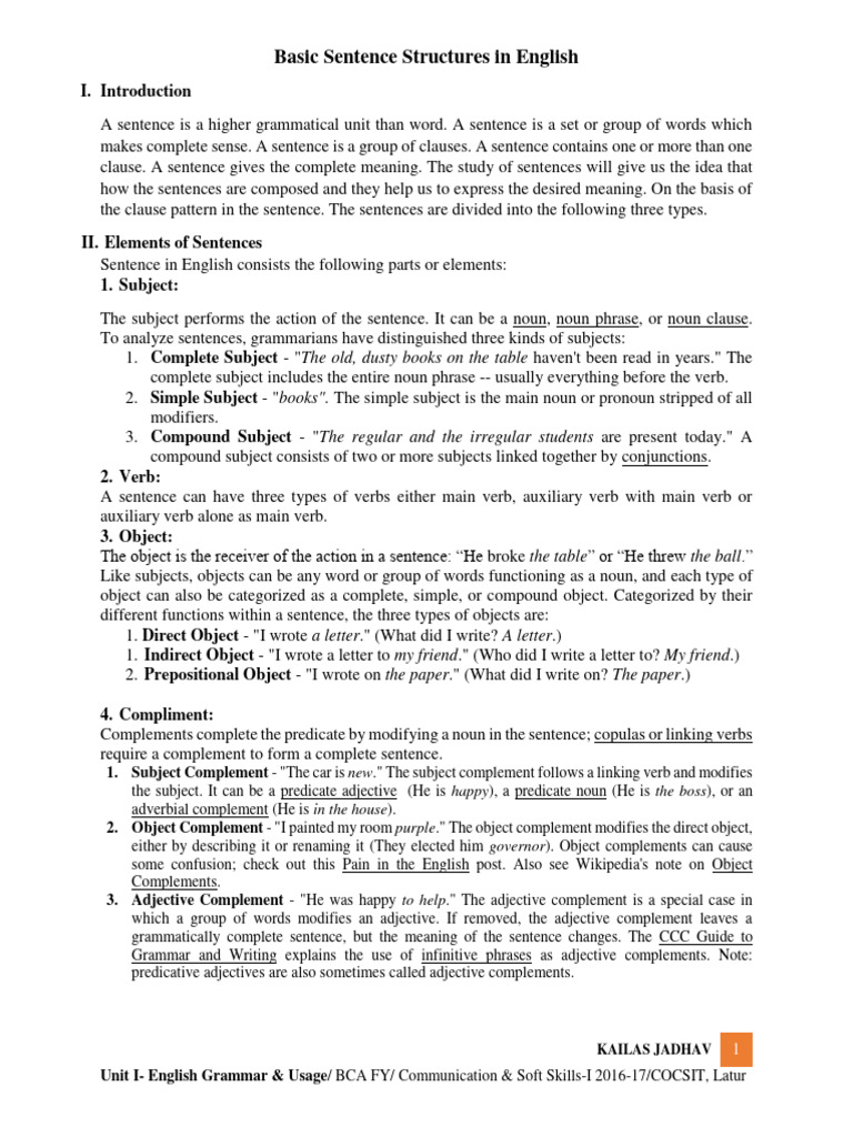 1 Basic Sentence Structure Final Notes Pdf Subject Grammar Verb