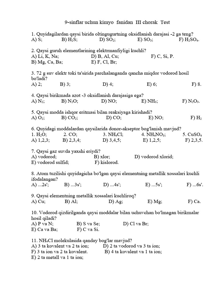 9 Sinf Kimyo Fanidan Testlar 2 | PDF