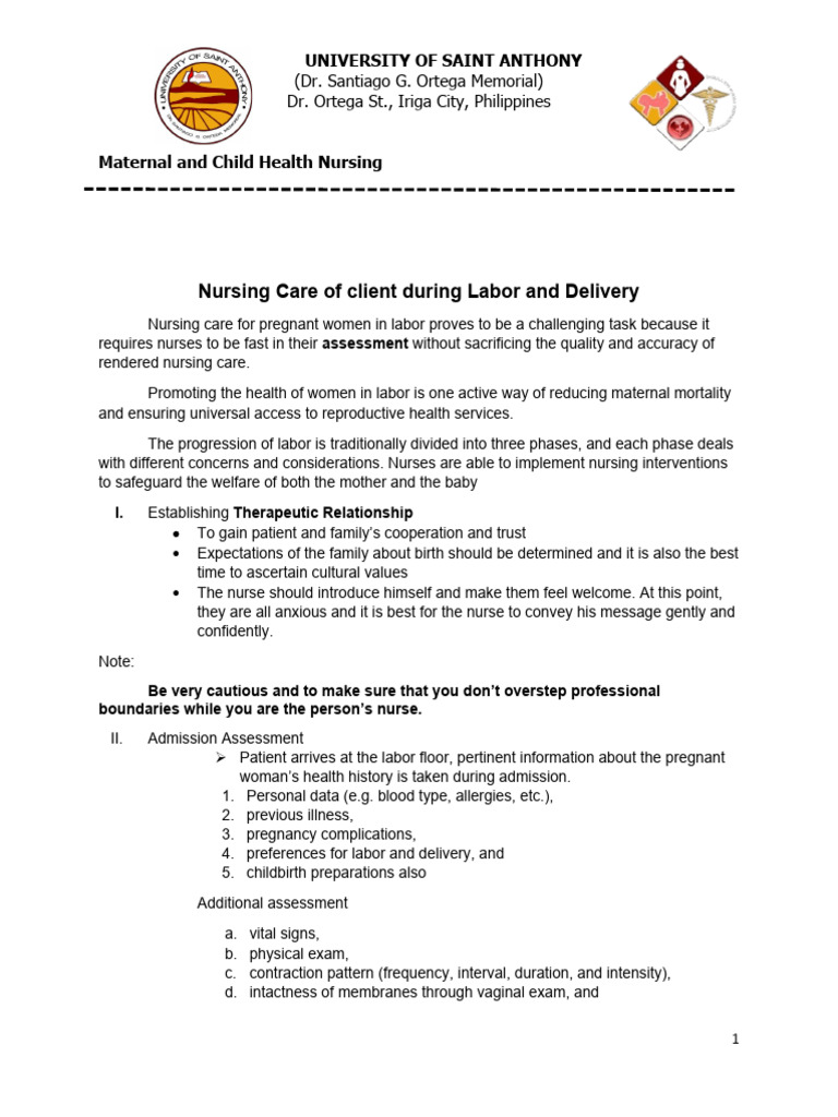 Nursing Care of Client During Labor and Delivery 1 | PDF | Childbirth ...