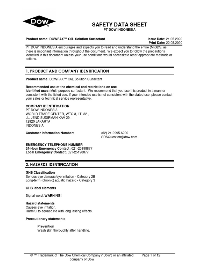 Dowfax C6l Sds English Pdf Dangerous Goods Toxicity