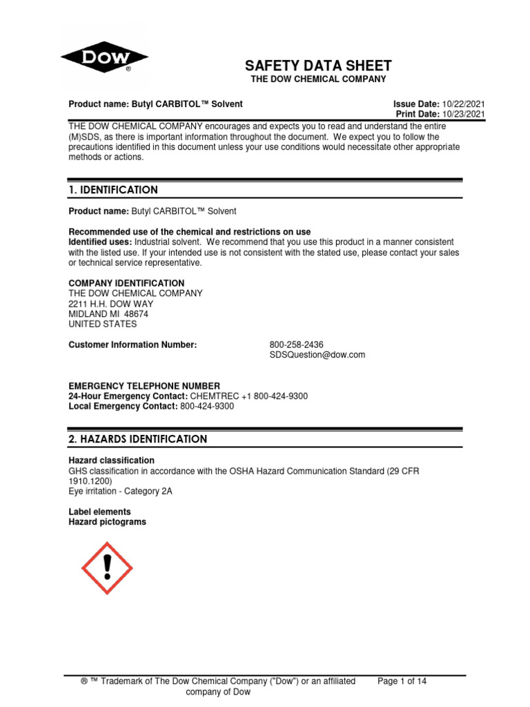 Butyl CARBITOLâ ¢ Solvent-Safety Data Sheet-EN | PDF | Toxicity ...