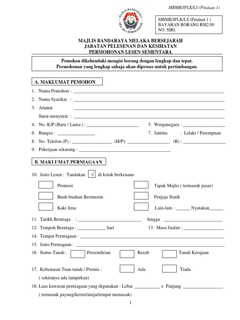 Borang Permohonan Lesen Sementara | PDF