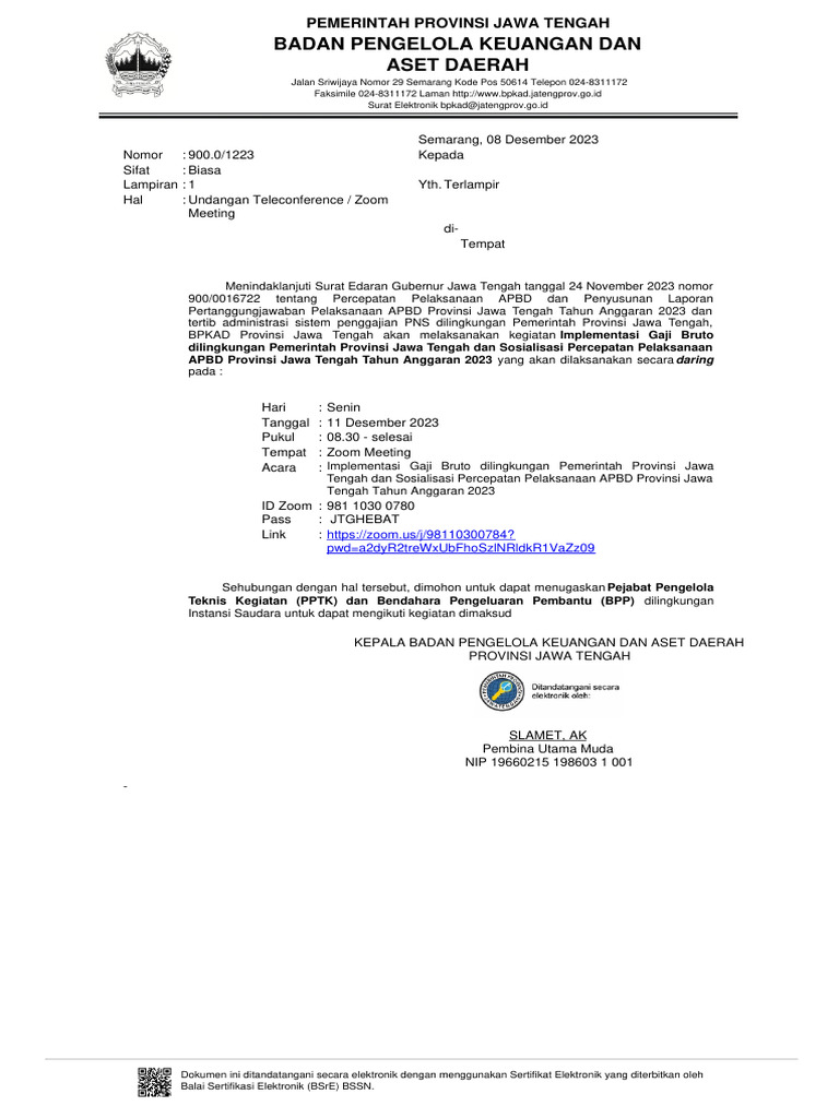 Undangan Zoom Implementasi Gaji Bruto | PDF