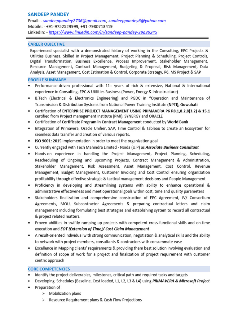 Sandeep Pandey Resume Pdf Project Management Asset Management