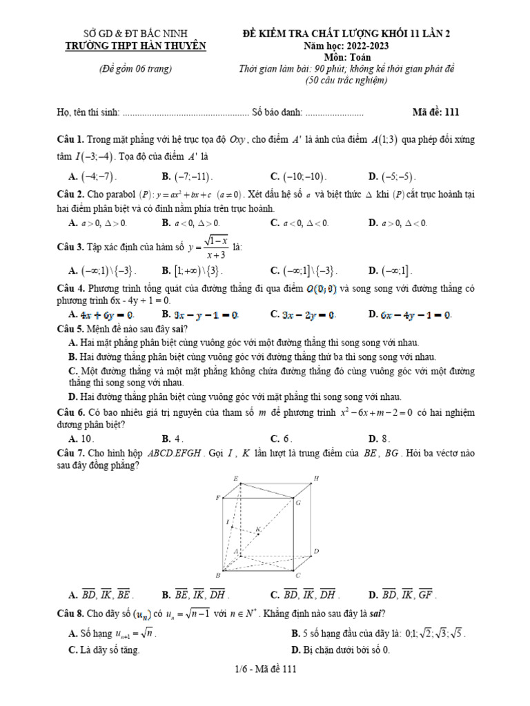 De Kiem Tra Toan 11 Lan 2 Nam 2022 2023 Truong THPT Han Thuyen Bac Ninh | PDF
