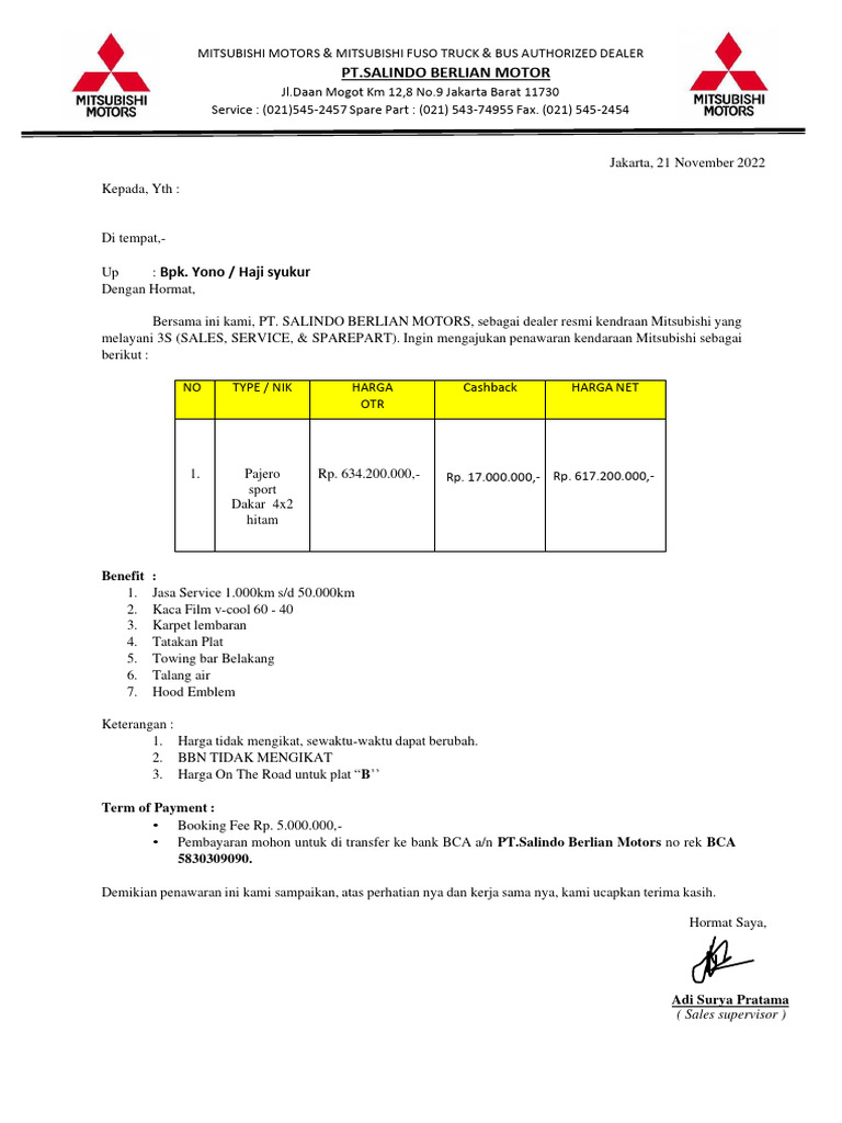 Surat Penawaran Mitsubishi Pajero | PDF