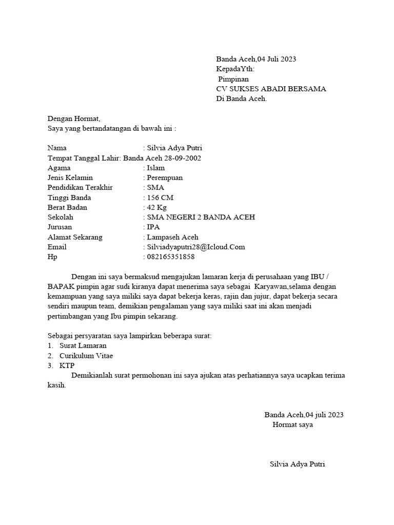Lamaran Kerja Silvia di CV Sukses Abadi | PDF