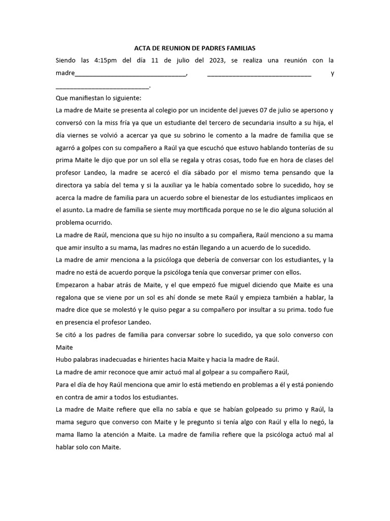 Acta de Reunion de Padres Familias | PDF