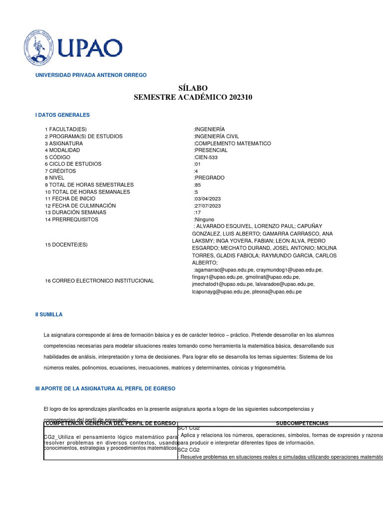 Silabo Complemento Matematico | PDF | Evaluación | Aprendizaje