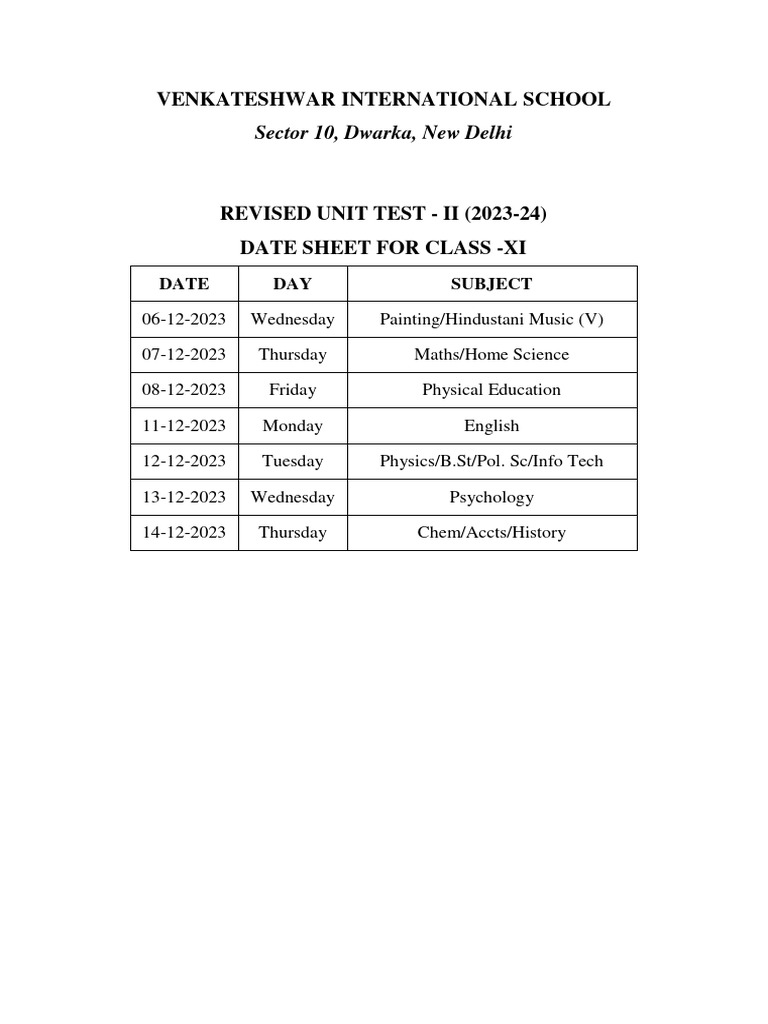 Revised Unit Test Datesheet | PDF Revised Unit Test Datesheet | PDF