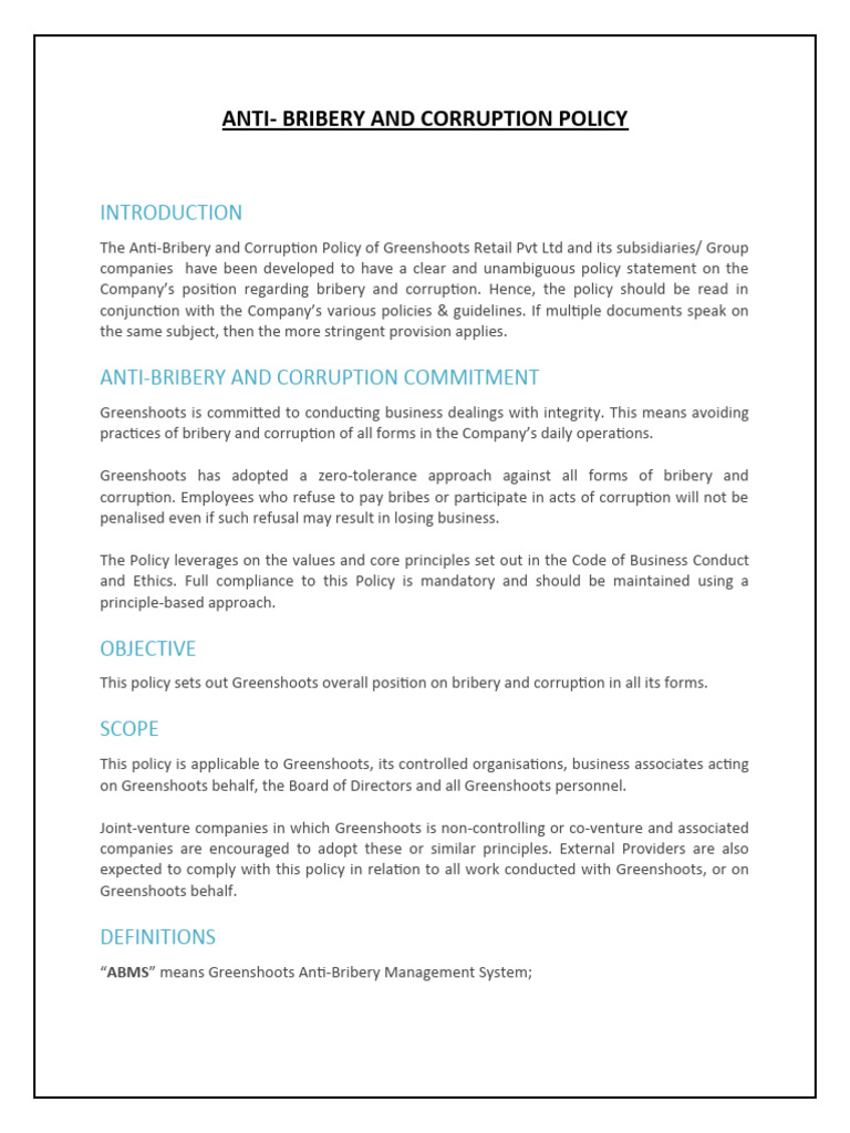 Greenshoots Anti-Bribery Policy | PDF | Bribery | Corruption