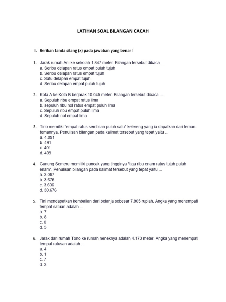 Latihan Soal Bilangan Cacah Kelas 4 Merdeka | PDF