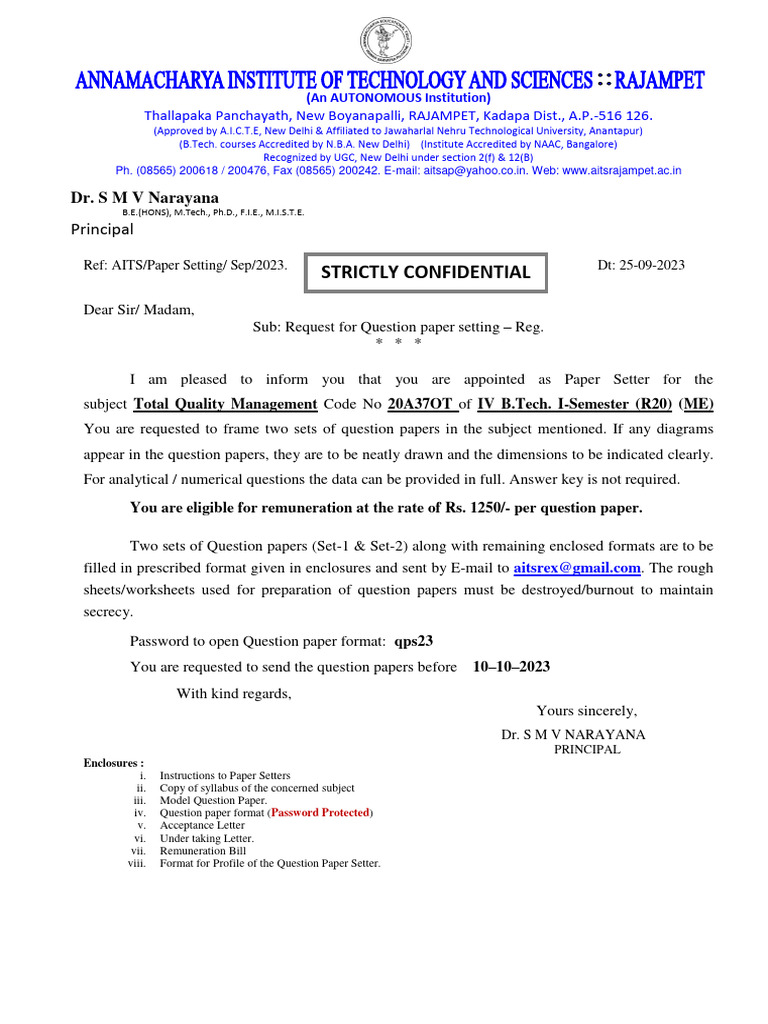 Request for TQM Question Paper Setting | PDF | Quality (Business ...