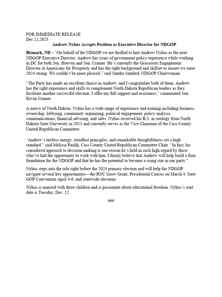 Andrew Nyhus Accepts Position As Executive Director For NDGOP | PDF