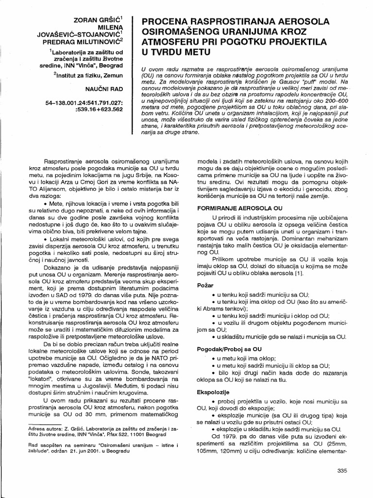 Procena Rasprostiranja Aerosola Osiromašenog Uranijuma Kroz Atmosferu ...
