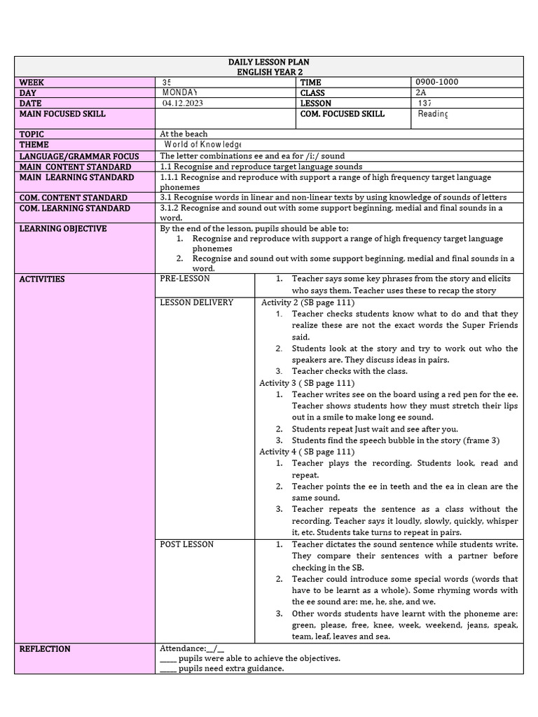 Daily Lesson Plan w35 | PDF | Teachers | English Language