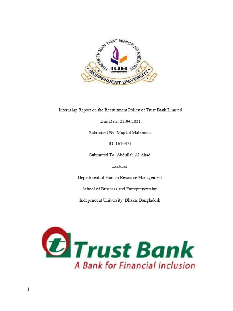 Trust Bank Limited Recruitment Policy Report | PDF | Banks | Cheque