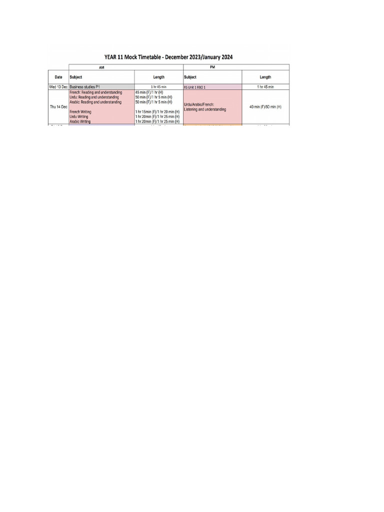 Mock Exam Time Table | PDF