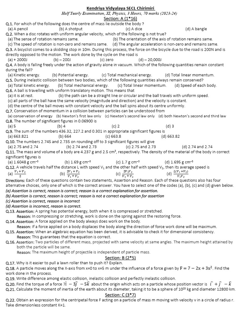 XI HY PHY 2023-24 | PDF | Orbit | Acceleration