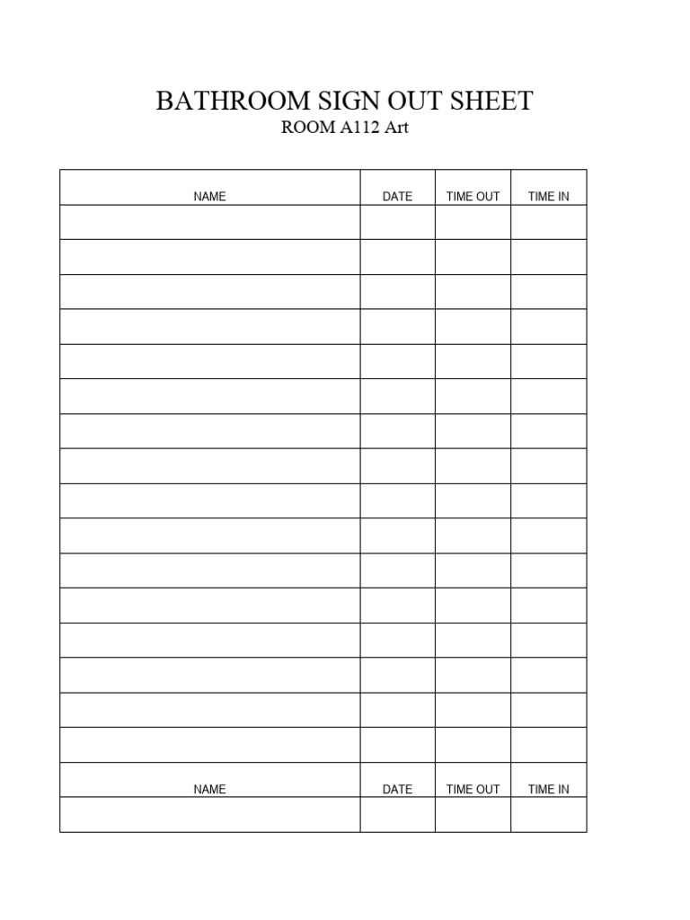 Bathroom Sign Out Sheet Word Template | PDF