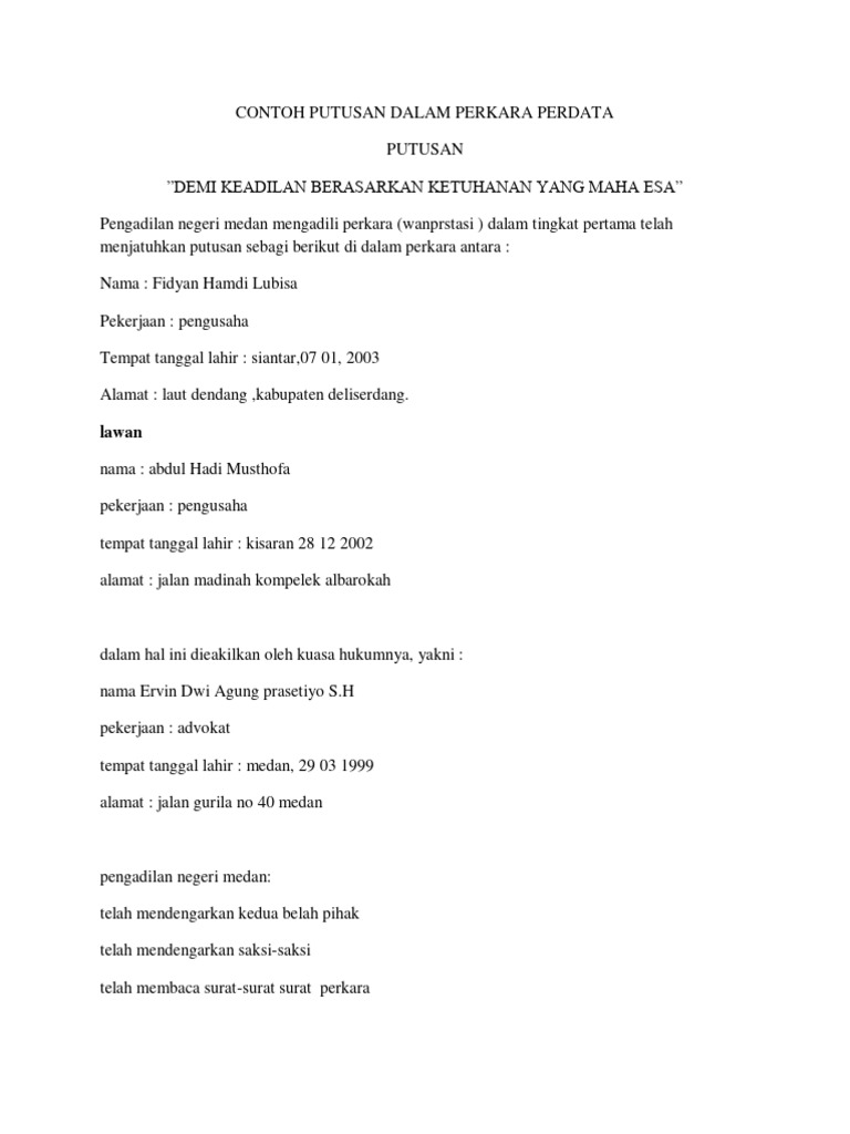 Contoh Putusan Perkara Perdata | PDF | Hukum