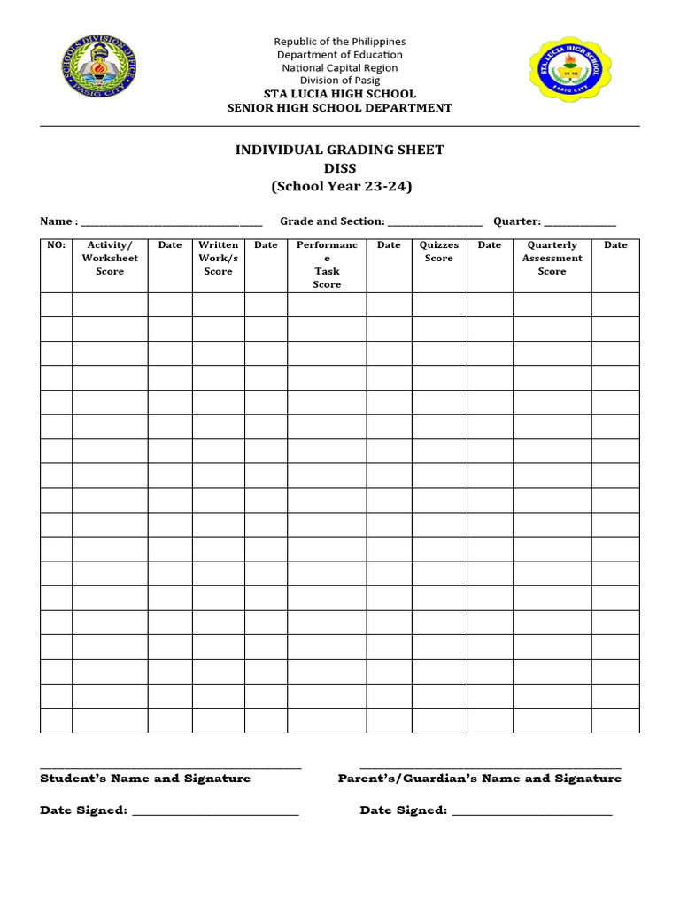 Senior High School Individual Grading Sheet | PDF