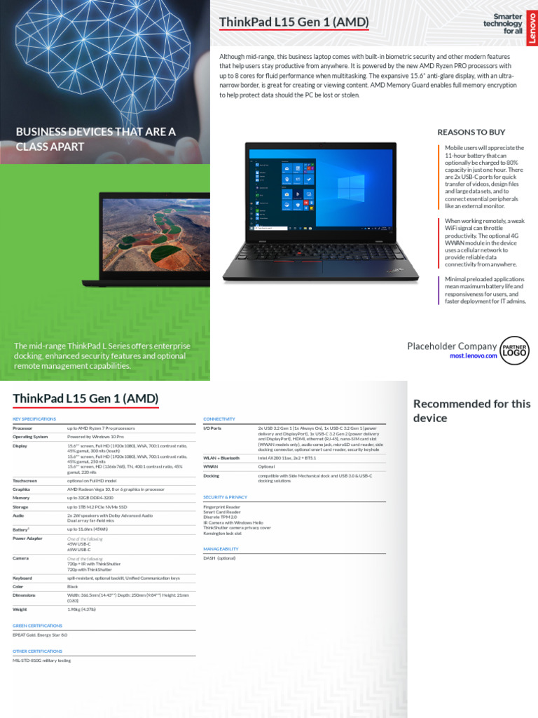 ThinkPad L15 Gen 1 AMD Laptop Review | PDF | Office Equipment | Computing