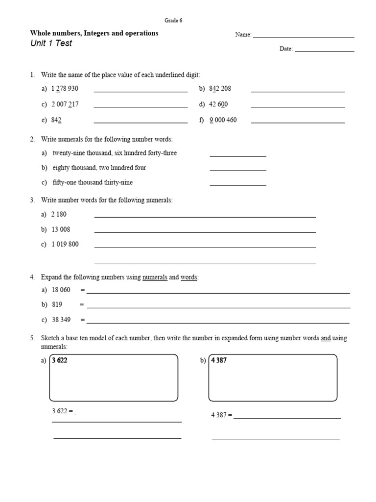 Grade 6 Unit 1 Test | Download Free PDF | Prime Number | Integer