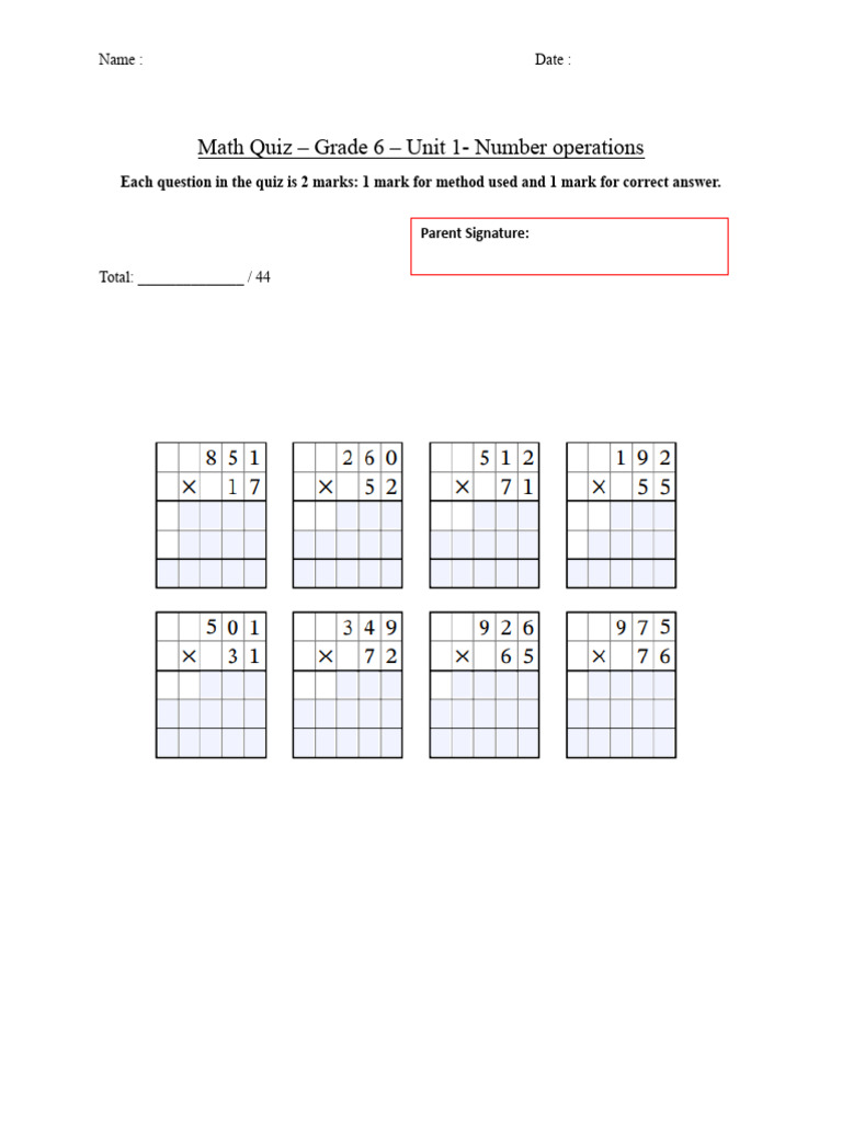 Math Quiz Grade 6 Unit 1 Number Operations | PDF Math Quiz Grade 6 Unit 1 Number Operations | PDF