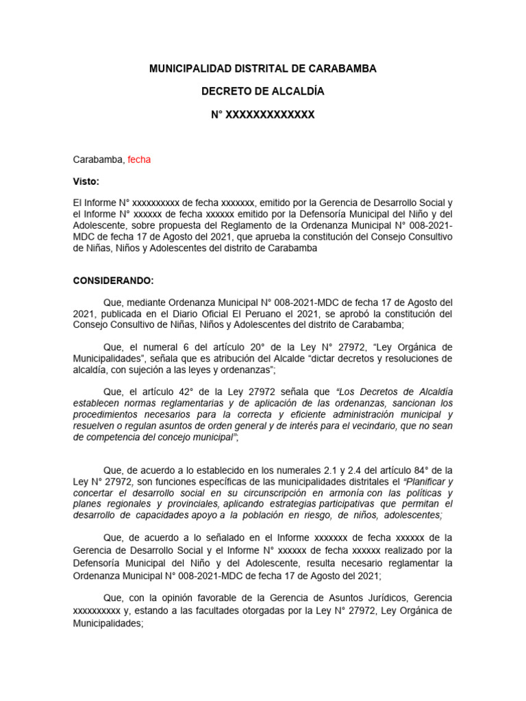 Modelo de Decreto de Alcaldía | PDF | Gobernancia | Justicia