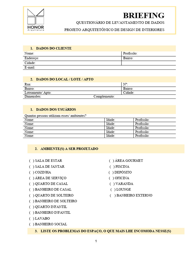 (Modelo) BRIEFING de Projeto de Interiores - Honor Arquitetura | PDF | Drywall