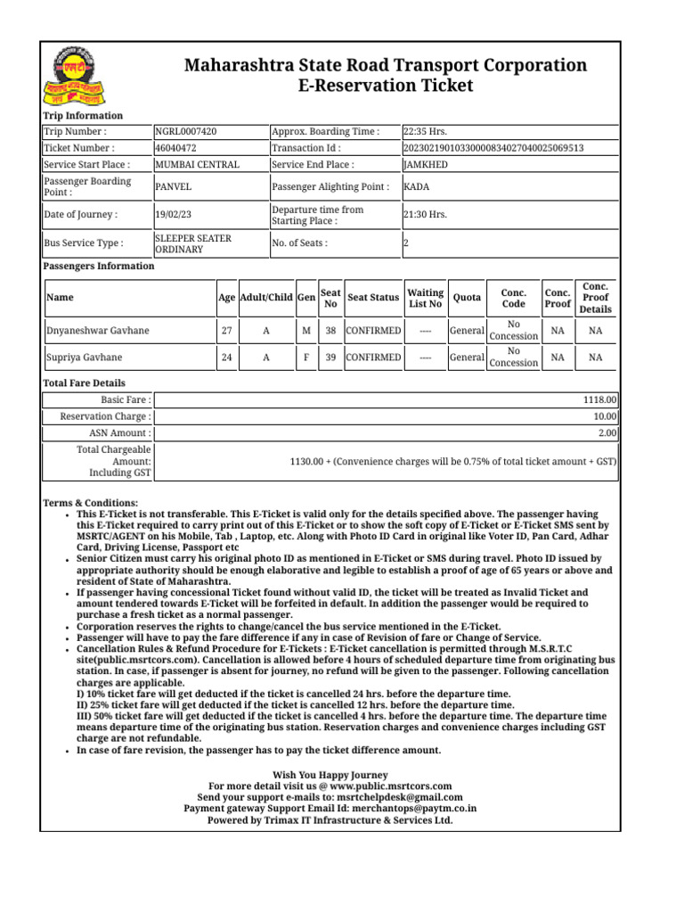 MSRTC - Online Reservation System | PDF | Identity Document | Fare